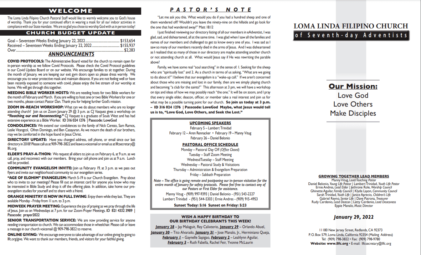 LLFC Bulletin – 1/29/2022 – Loma Linda Filipino Church